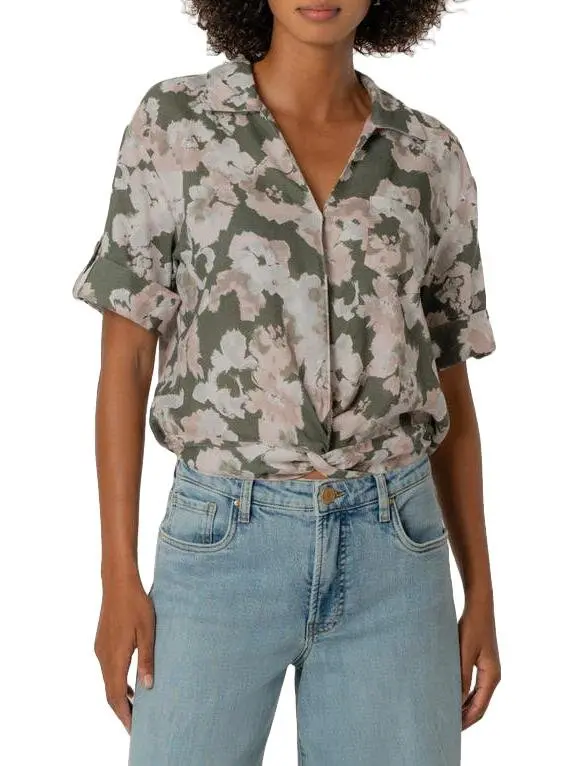 Kut From The Kloth Printed Knot-front Linen Blend Top - Andalusia Seaweed Khaki