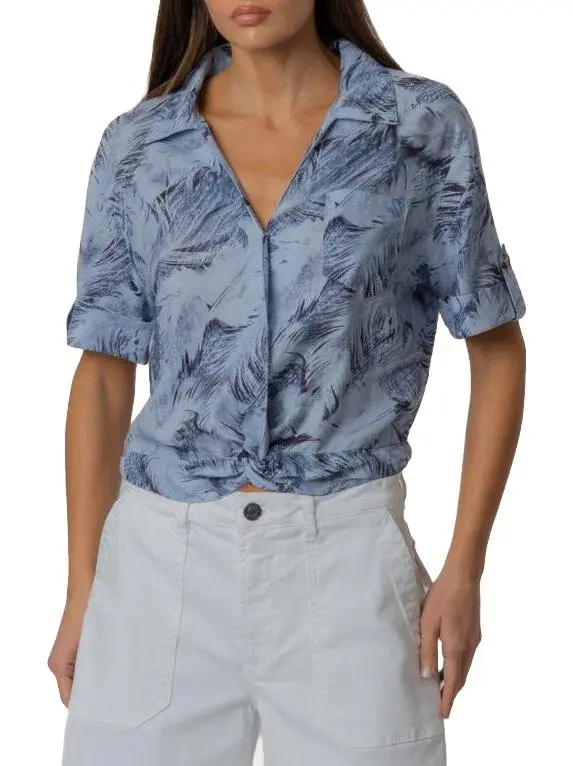 Kut From The Kloth Printed Knot-front Linen Blend Top - Carlisle Navy