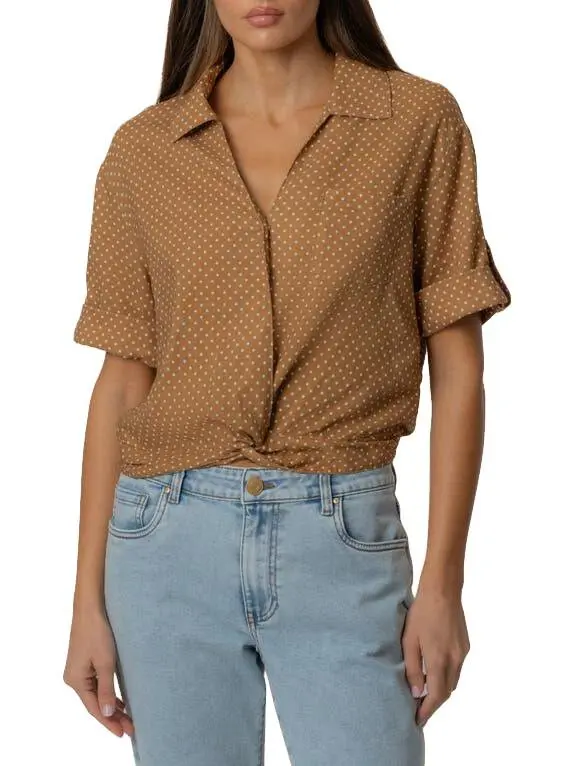 Kut From The Kloth Printed Knot-front Linen Blend Top - Dot Wood Ivory