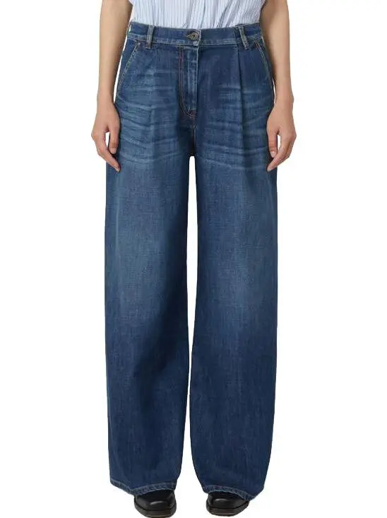 Max Mara Ortles Pleat Front Wide Leg Jeans - Navy