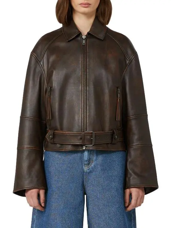 Max Mara Egizio Leather Moto Jacket - Dark Brown