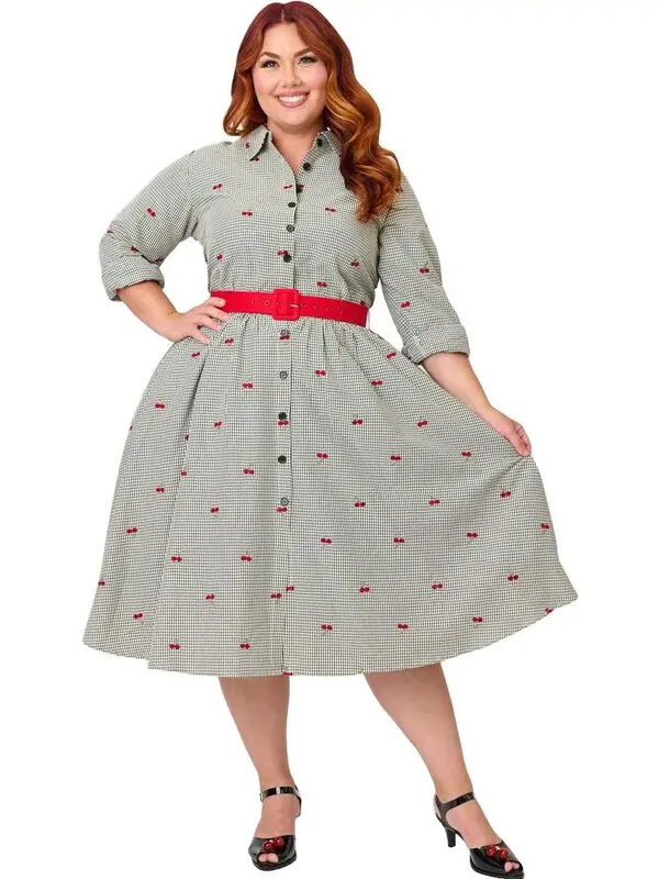 Unique Vintage Long Sleeve Belted Shirt Dress - Grey Gingham Cherry Print