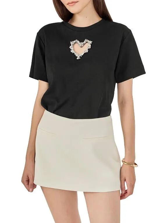 Endless Rose Rhinestone Heart Cutout Relaxed Fit T-shirt - Black