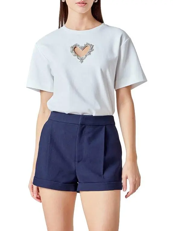 Endless Rose Rhinestone Heart Cutout Relaxed Fit T-shirt - White