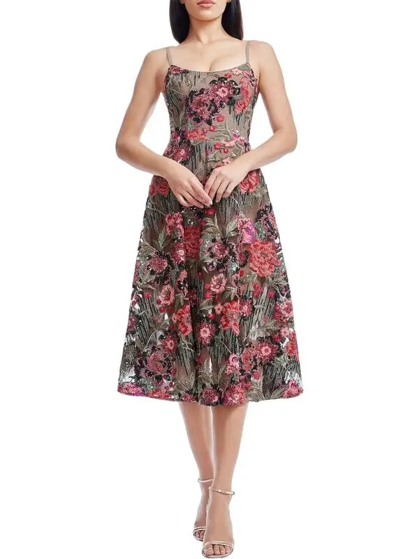 Dress The Population Uma Sequin Floral Cocktail Dress - Rouge Multi