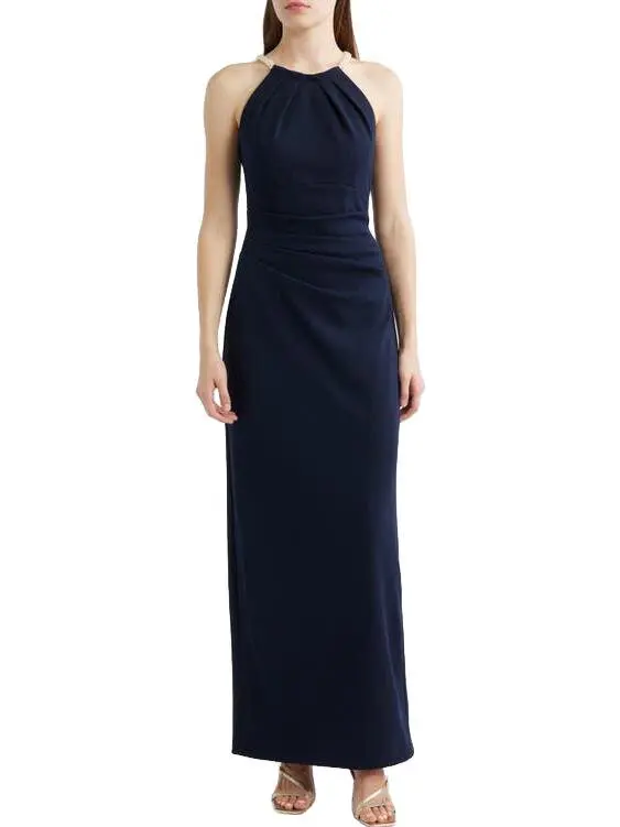 Eliza J Faux Pearl Neckline Gown - Navy