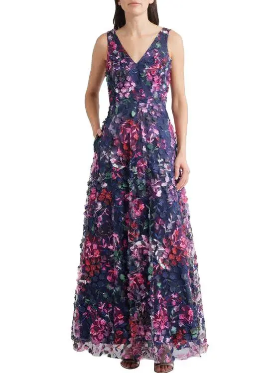 Eliza J Floral Appliqué A-line Gown - Navy Multi