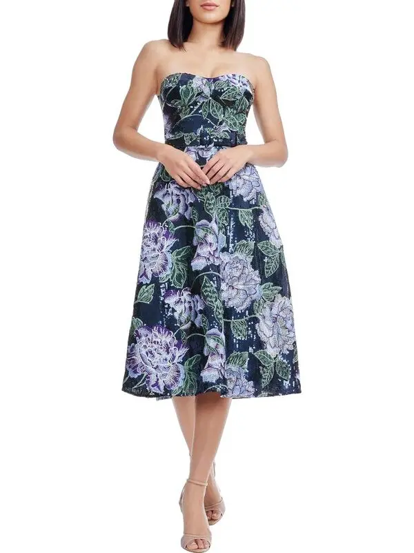 Dress The Population Carlita Embroidered Sequin Floral Strapless Midi Dress - Navy Multi
