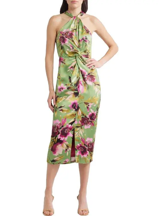 Eliza J Floral Twist Neck Midi Dress - Fern