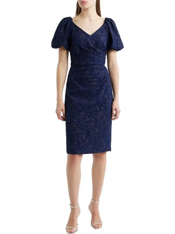 Eliza J Floral Jacquard Cocktail Sheath Dress - Navy