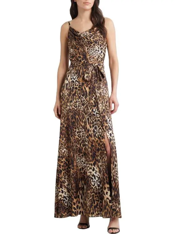 Vince Camuto Leopard Print Asymmetric Neck Satin Gown - Brown