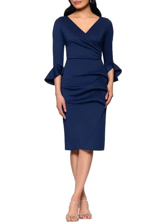 Betsy & Adam Ruffle Sleeve Scuba Crepe Cocktail Sheath Dress - Navy