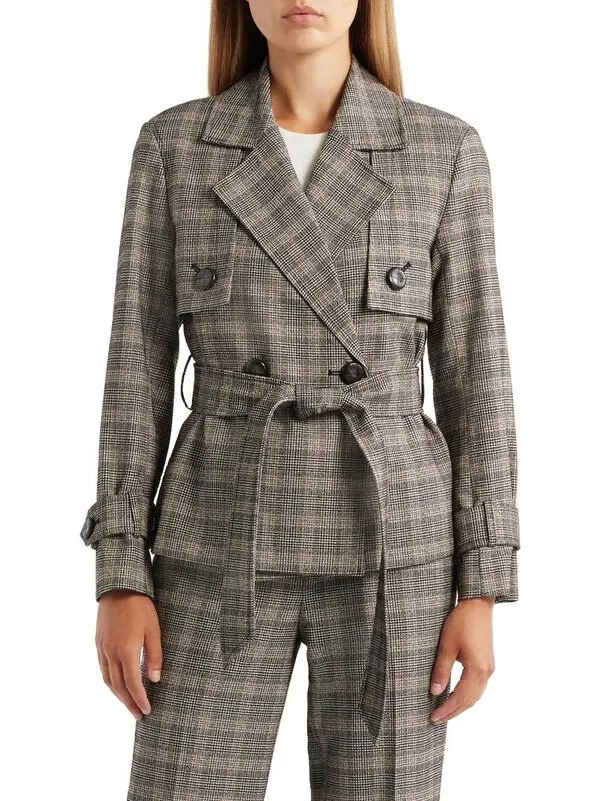 Anne Klein Plaid Belted Short Trench Coat - Anne Black Multi