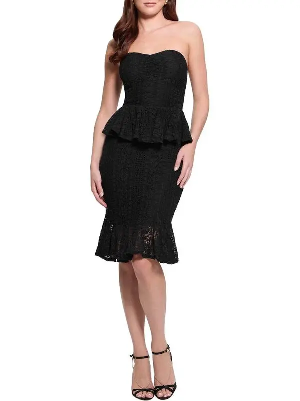 Guess Strapless Lace Ruffle Dress - Jet Black