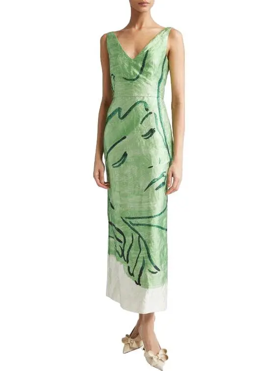 Erdem Sleeveless Crinkled Metallic Satin Cocktail Dress - Abstract Dreamer Clover Green