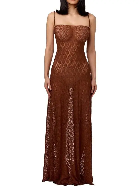 Naked Wardrobe Sheer Stretch Lace Maxi Dress - Brown Sugar