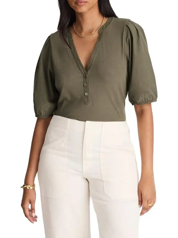 Madewell Puff-sleeve Henley Knit Top - Faded Olive