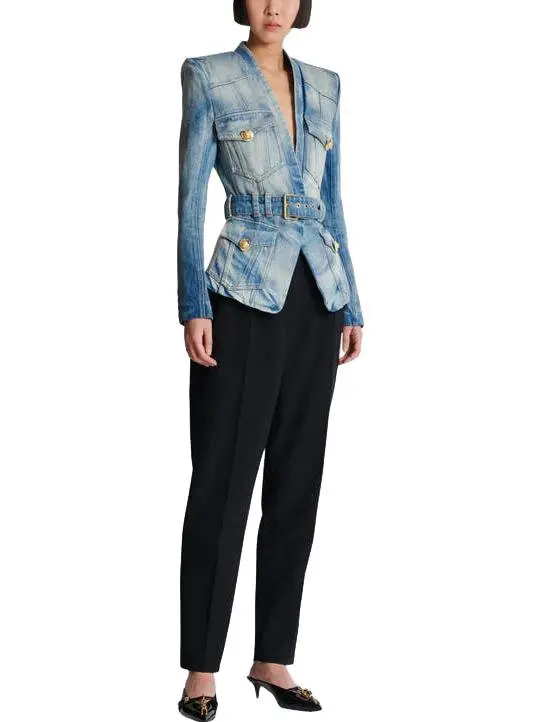 Balmain Belted Denim Jacket - Blue