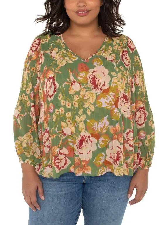 LIVERPOOL Long Sleeve Pleated V-neck Top - Green Multi Floral