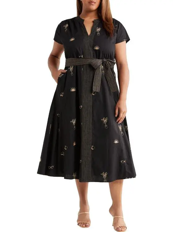 CIEBON Ariana Embroidered Cotton Midi Dress - Black/taupe