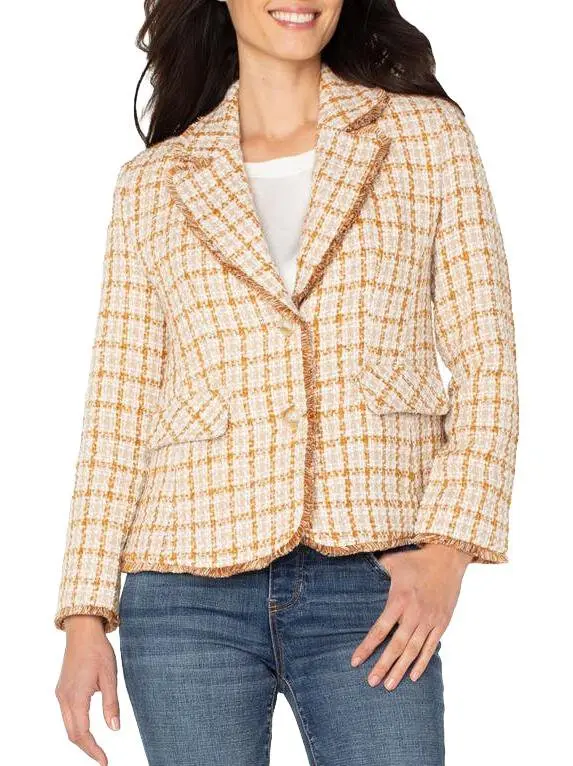LIVERPOOL Fringe Detail Check Tweed Blazer - Gold/khaki Plaid
