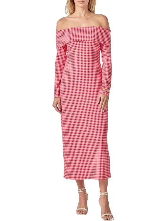 English Factory Gingham Off-the-shoulder Midi Dress - Red