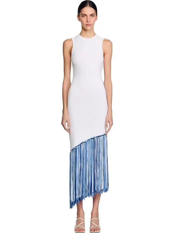 Sandro Fringed Knit Maxi Dress - White