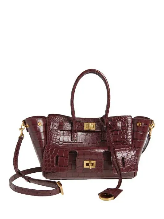 Balenciaga Mini Bel Air Croc Embossed Leather Tote - Dark Burgundy