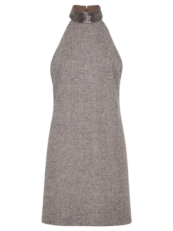 Brunello Cucinelli Tweed Dress With Monili - Light Brown