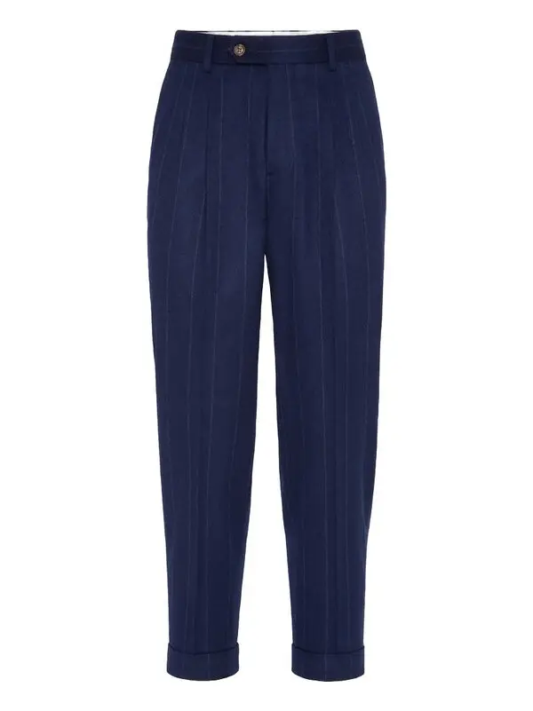Brunello Cucinelli Wide Stripe Wool And Cashmere Flannel Trousers - Avio Blue