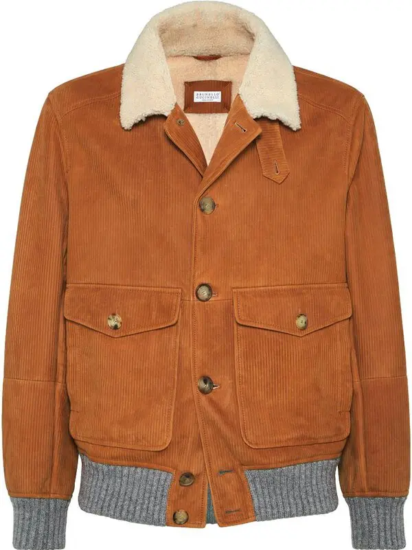 Brunello Cucinelli Suede Shearling Aviator Jacket - Whiskey