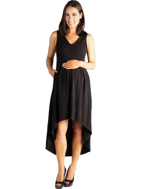 24SEVEN COMFORT APPAREL Maternity Fit And Flare High Low Dress - Black