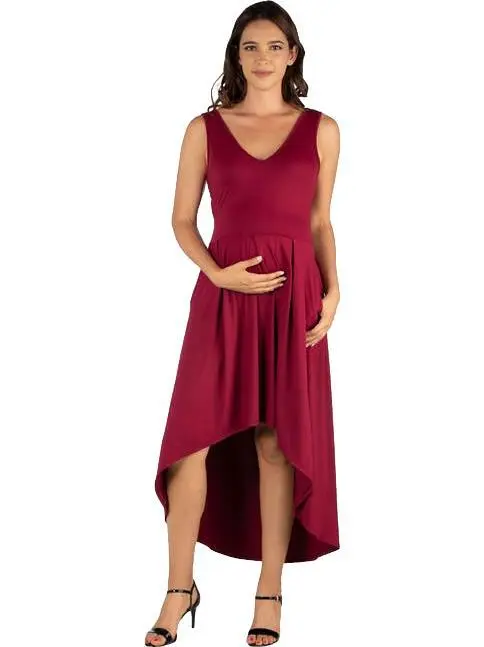 24SEVEN COMFORT APPAREL Maternity Fit And Flare High Low Dress - Burgundy