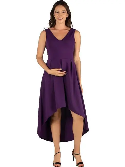 24SEVEN COMFORT APPAREL Maternity Fit And Flare High Low Dress - Purple