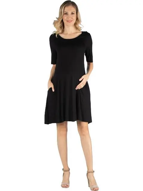 24SEVEN COMFORT APPAREL Maternity Flare T-shirt Dress With Pockets - Black