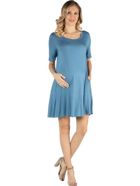 24SEVEN COMFORT APPAREL Maternity Flare T-shirt Dress With Pockets - Blue