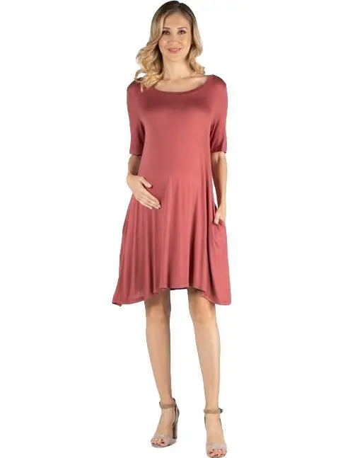 24SEVEN COMFORT APPAREL Maternity Flare T-shirt Dress With Pockets - Cinnamon