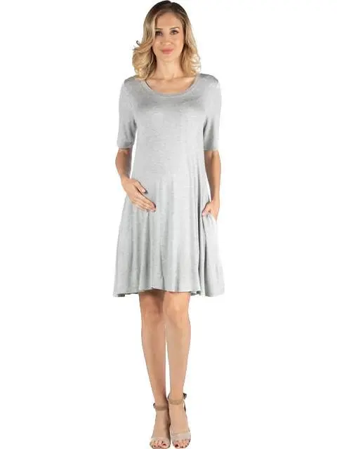 24SEVEN COMFORT APPAREL Maternity Flare T-shirt Dress With Pockets - Heather