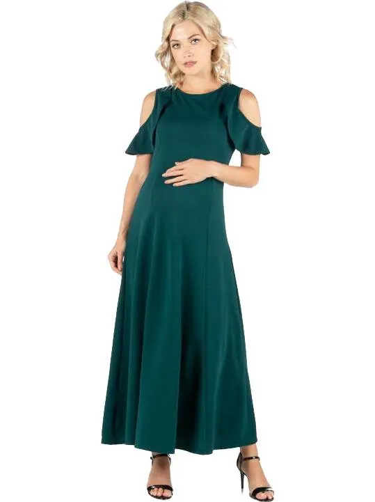 24SEVEN COMFORT APPAREL Maternity Ruffle Cold Shoulder Maxi Dress - Hunter