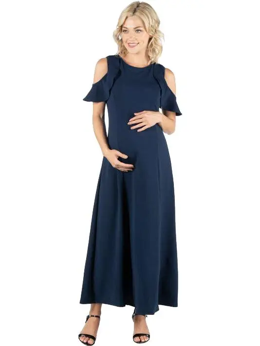 24SEVEN COMFORT APPAREL Maternity Ruffle Cold Shoulder Maxi Dress - Navy