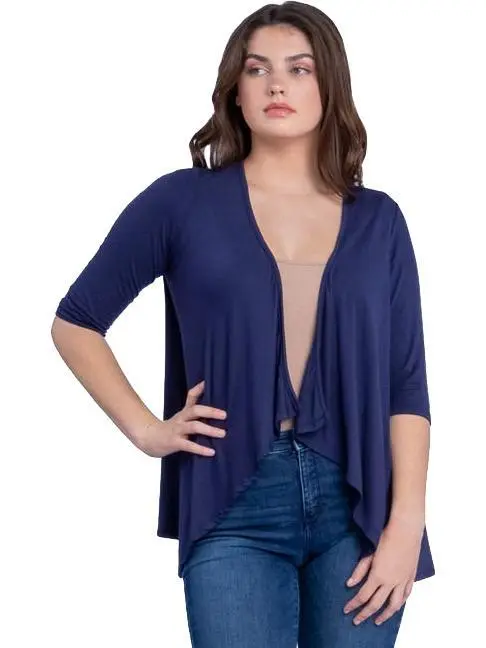 24SEVEN COMFORT APPAREL Petite Elbow Length Sleeve Open Cardigan - Navy