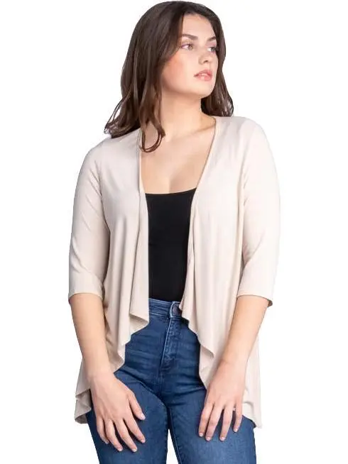 24SEVEN COMFORT APPAREL Petite Elbow Length Sleeve Open Cardigan - Nude