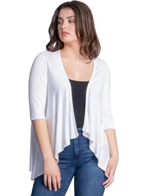 24SEVEN COMFORT APPAREL Petite Elbow Length Sleeve Open Cardigan - White