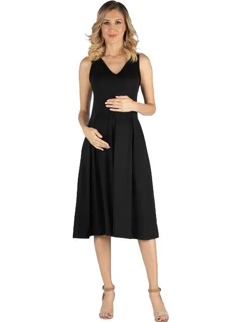 24SEVEN COMFORT APPAREL Maternity Fit And Flare Sleeveless Midi Dress With Pockets - Black