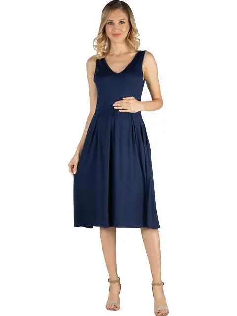 24SEVEN COMFORT APPAREL Maternity Fit And Flare Sleeveless Midi Dress With Pockets - Navy