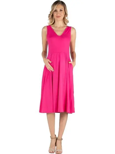 24SEVEN COMFORT APPAREL Maternity Fit And Flare Sleeveless Midi Dress With Pockets - Pink