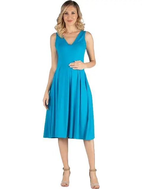 24SEVEN COMFORT APPAREL Maternity Fit And Flare Sleeveless Midi Dress With Pockets - Turq