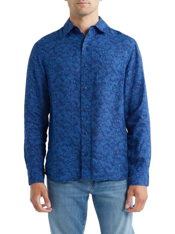 SCHOTT Floral Linen Button-up Shirt - Dark Blue