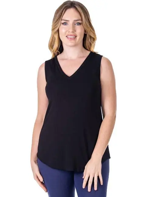 24SEVEN COMFORT APPAREL Petite V-neck Tunic Tank Top - Black