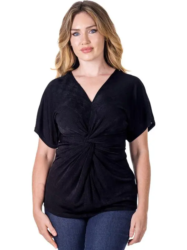 24SEVEN COMFORT APPAREL Knot Front V-neck Top - Black